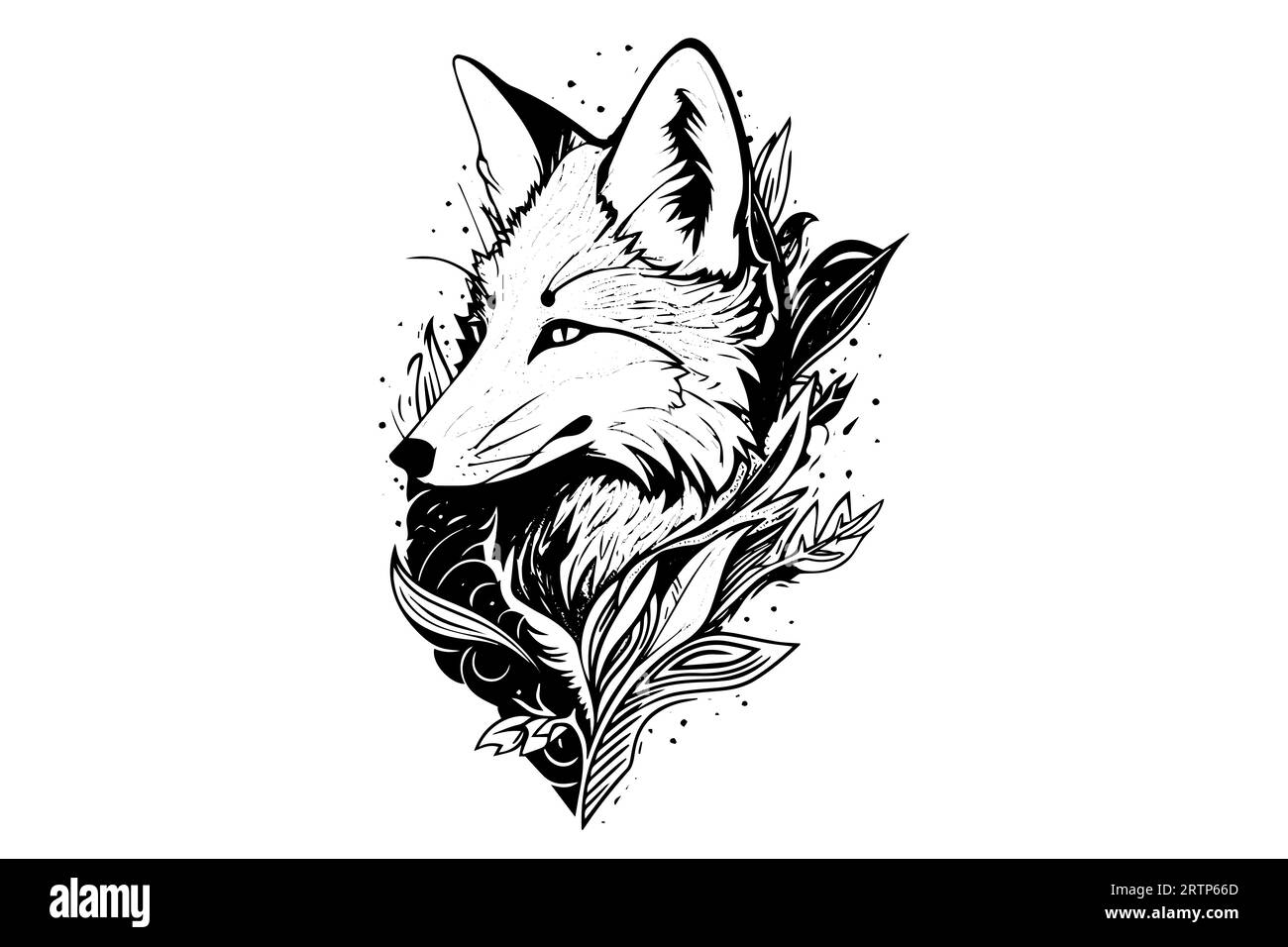 Fox head framed with flowers hand drawn ink sketch. Engraving style ...