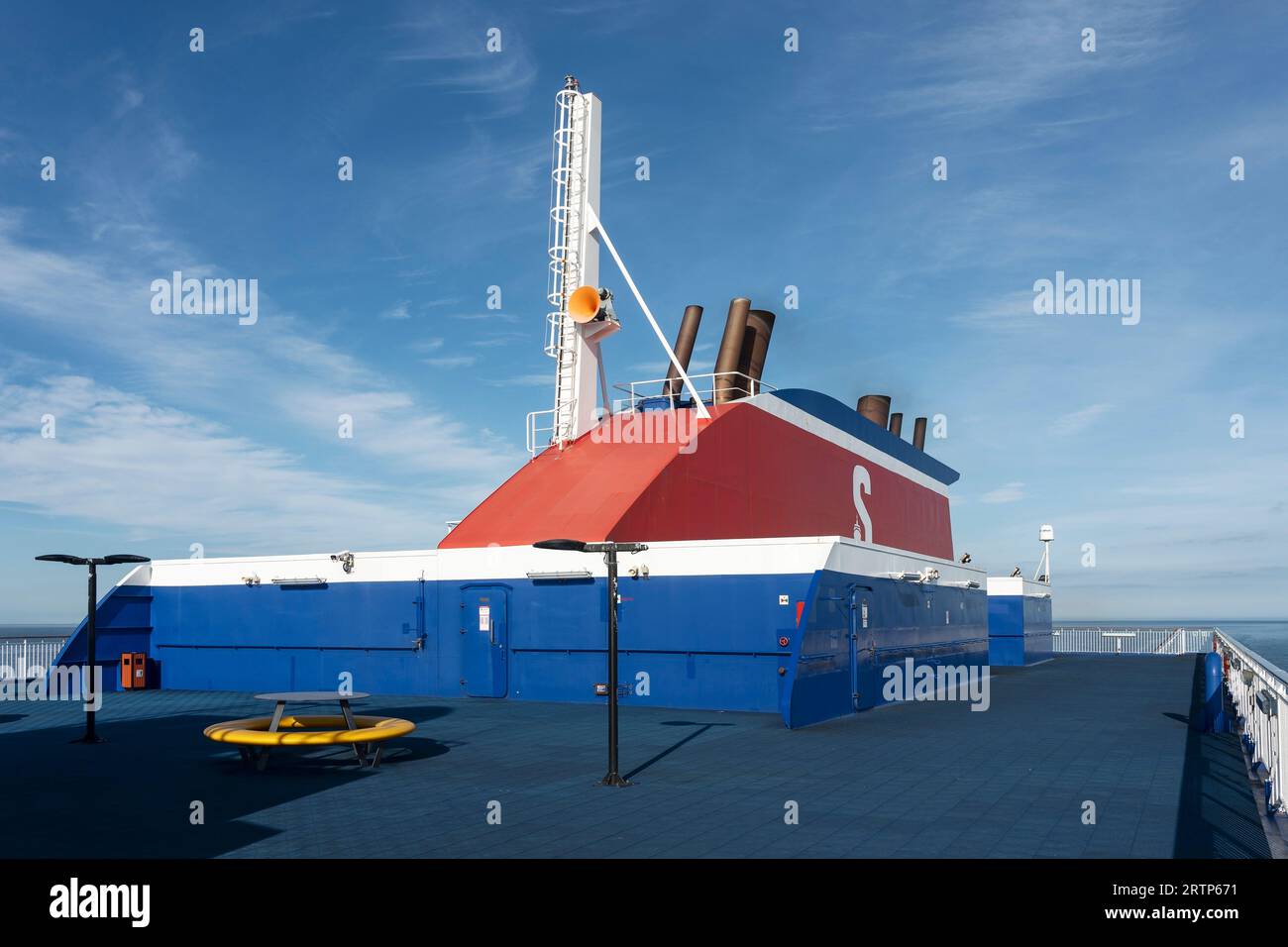 The funnel on the top deck of Stena Edda Irish sea cross channel ferry ...