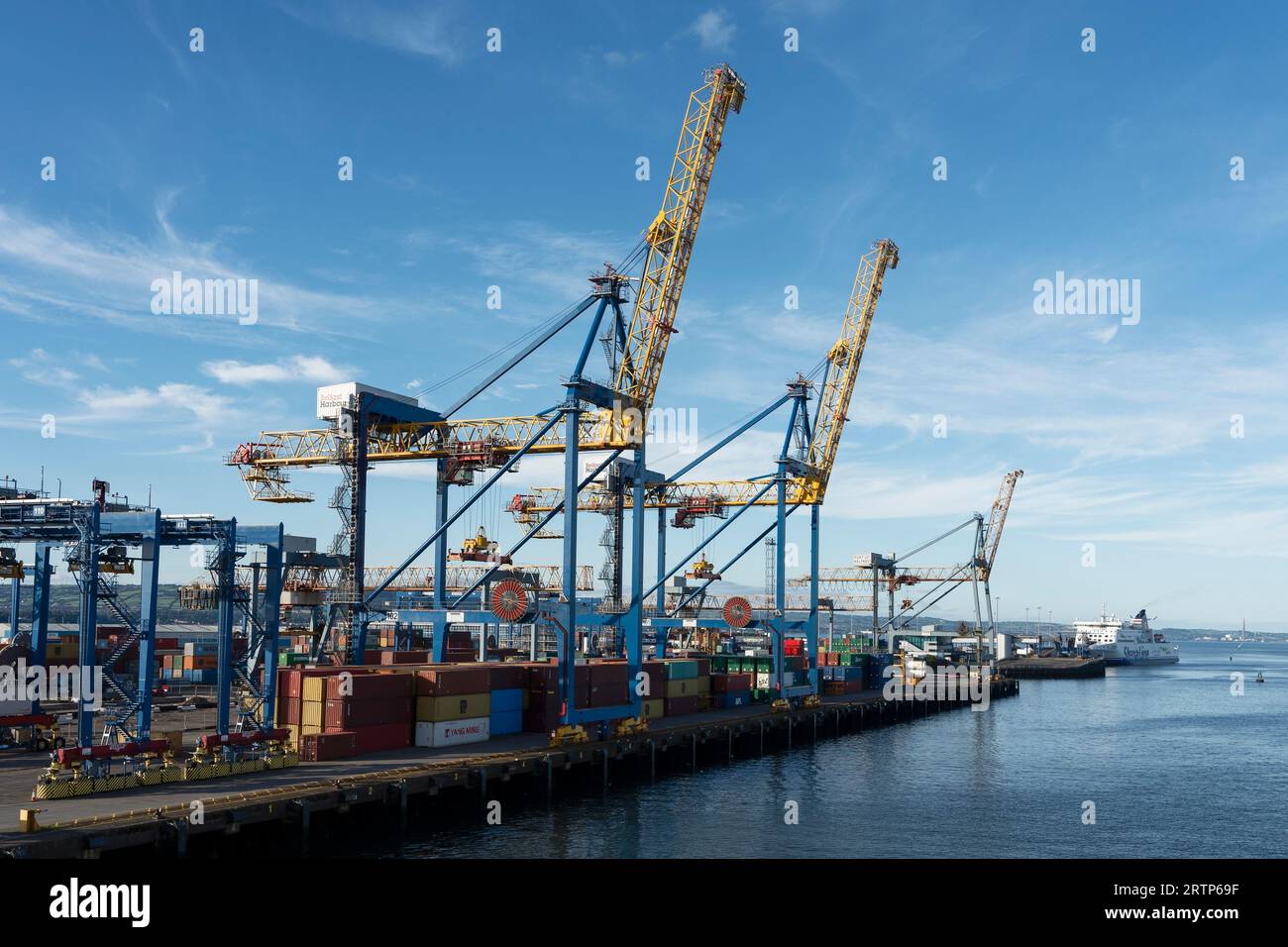 Ship to shore container cranes at the Port of Belfast docks in Northern ...
