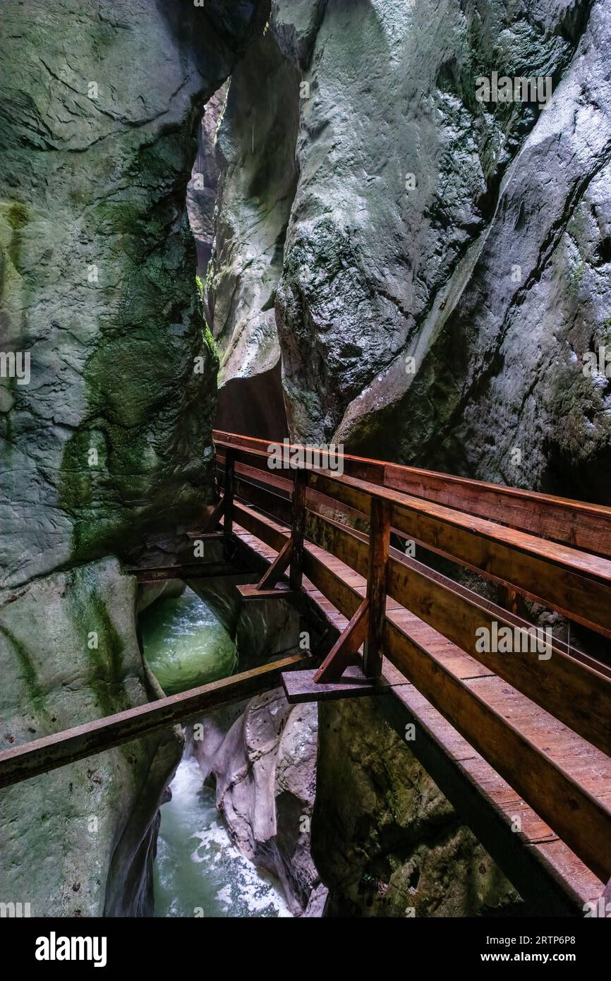 The wooden boardwalk through the Seisenberg Gorge, Weissbach, Austria ...