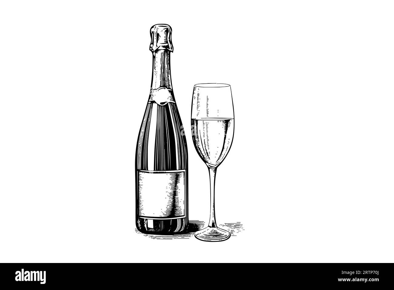 Bottle with Champagne and wine glass engraving style art, hand drawn ...