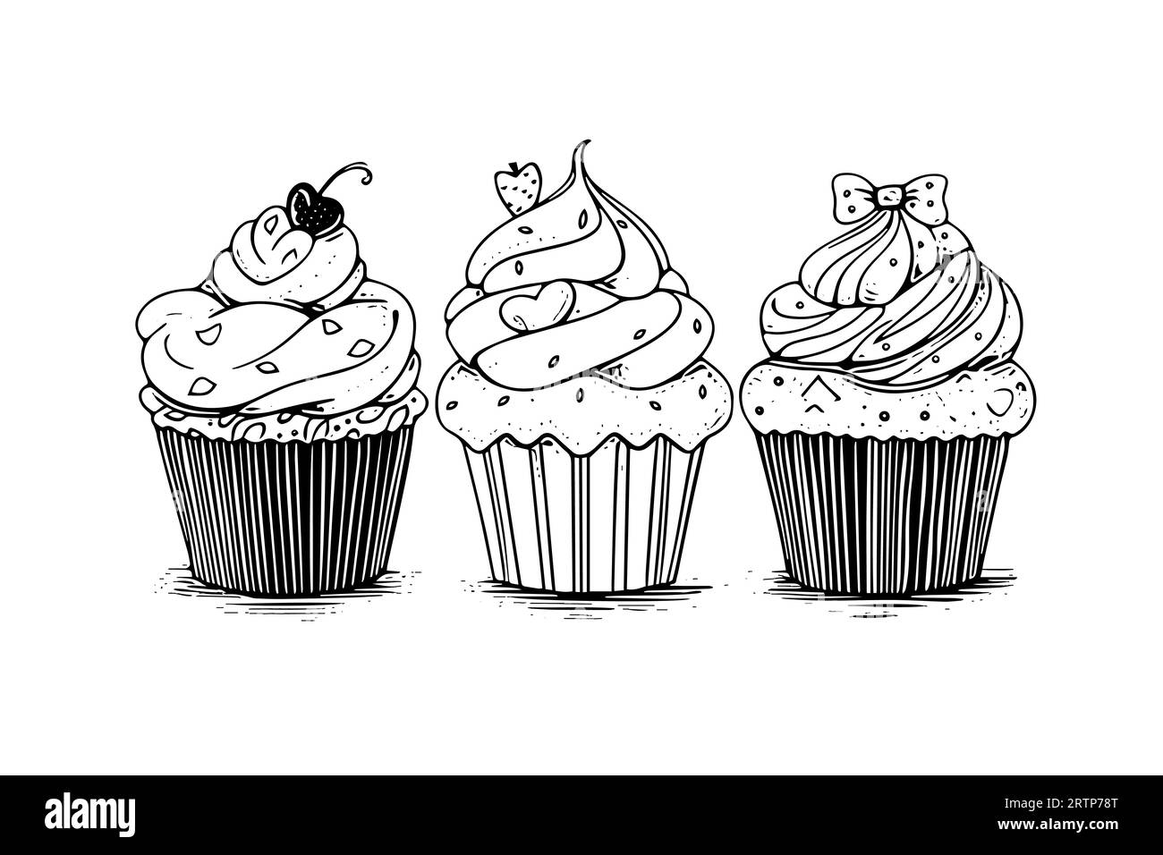 Set of cupcake in engraving style. Ink sketch isolated on white background. Hand drawn vector ...