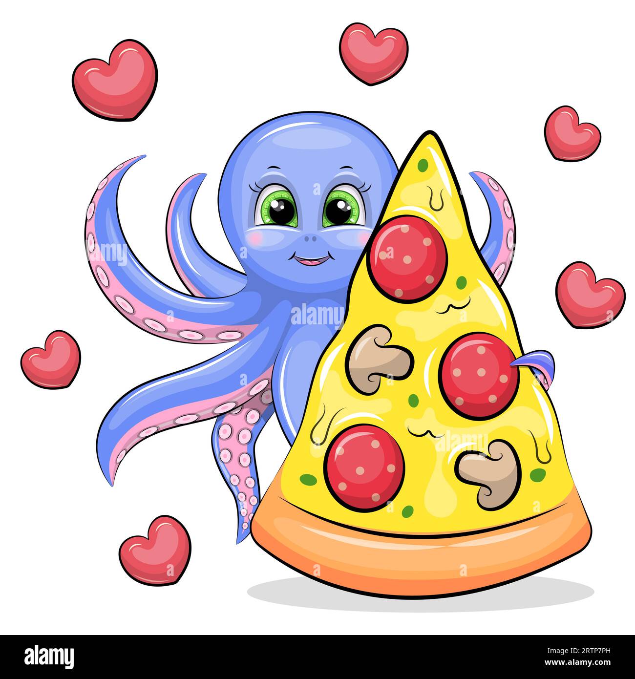 Cute cartoon octopus with a big piece of pizza. Vector illustration of ...