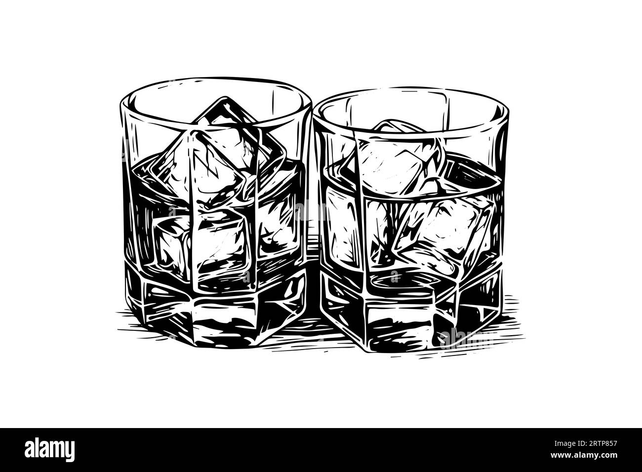 Glass of whiskey or bourbon hand drawn in sketch. Engraving style ...