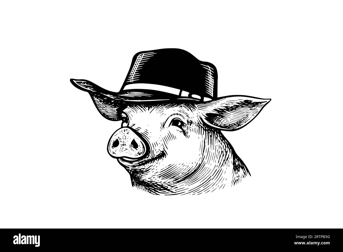Cute pig or pork in hat head engraving logotype style vector ...