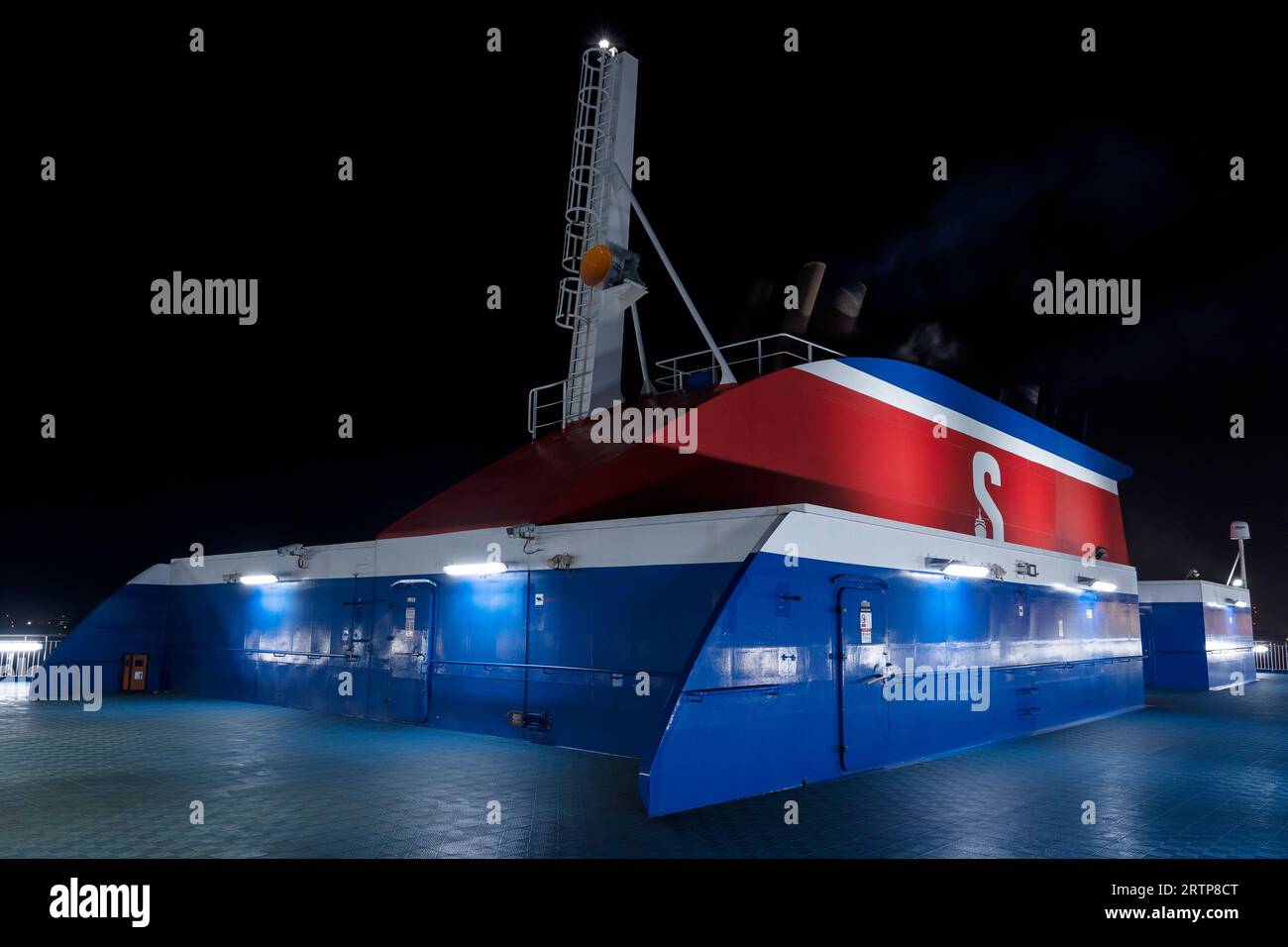 The funnel on the top deck of Stena Edda Irish sea cross channel ferry ...