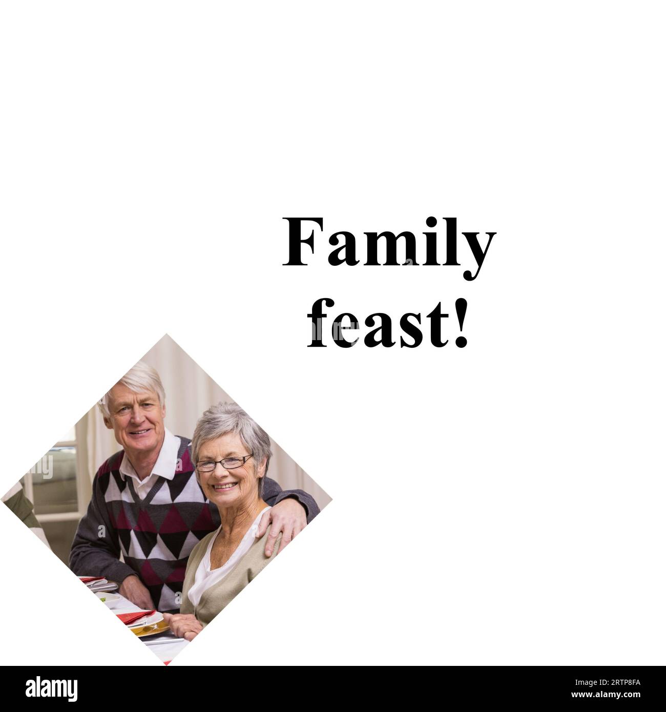 Family feast text on white with happy caucasian senior couple at ...