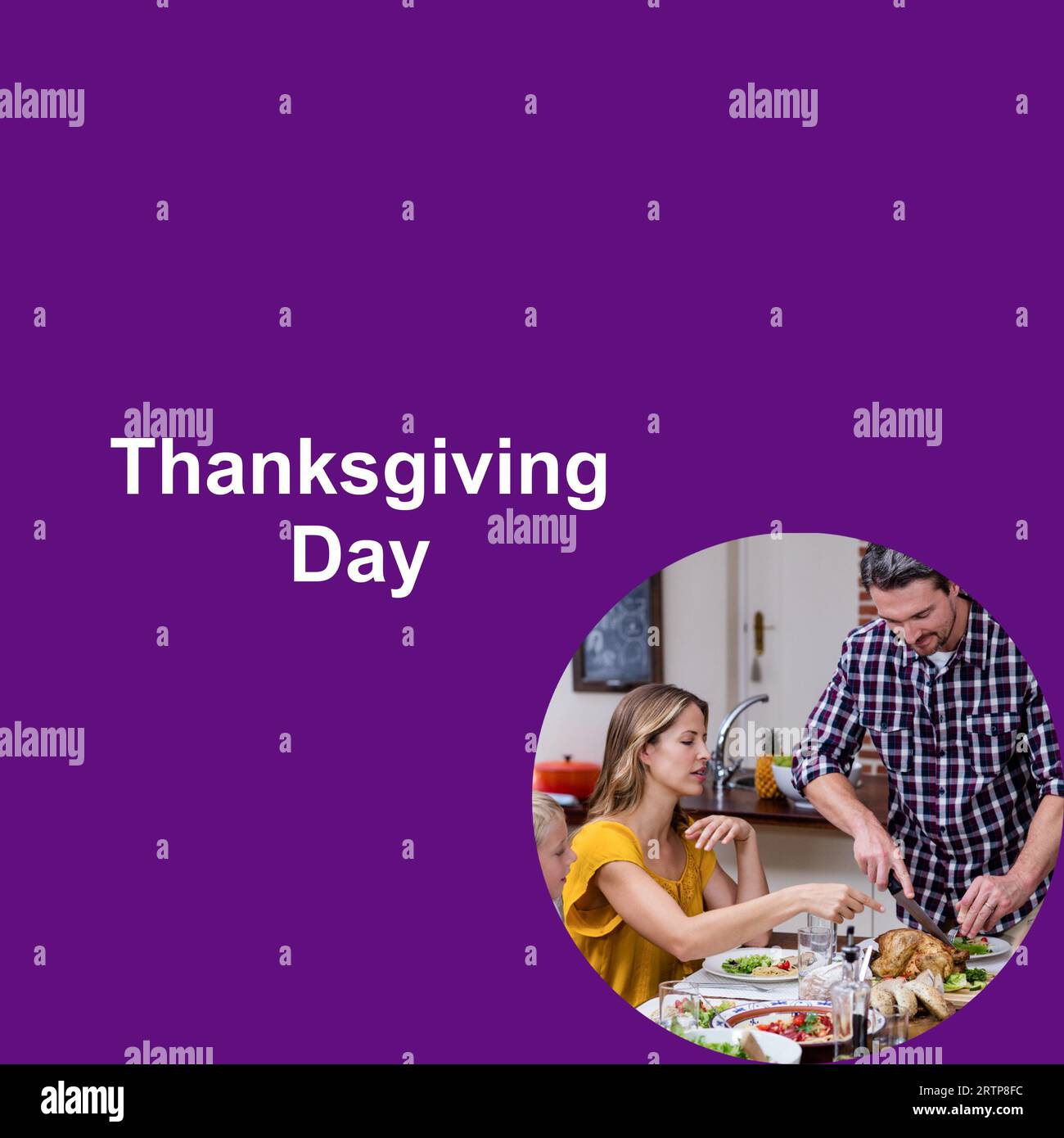 Thanksgiving day text on purple with caucasian parents and son at ...