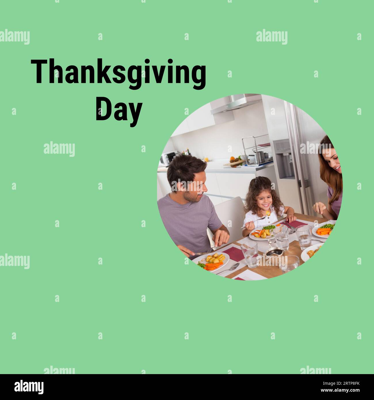 Thanksgiving day text on green and happy caucasian parents and daughter ...