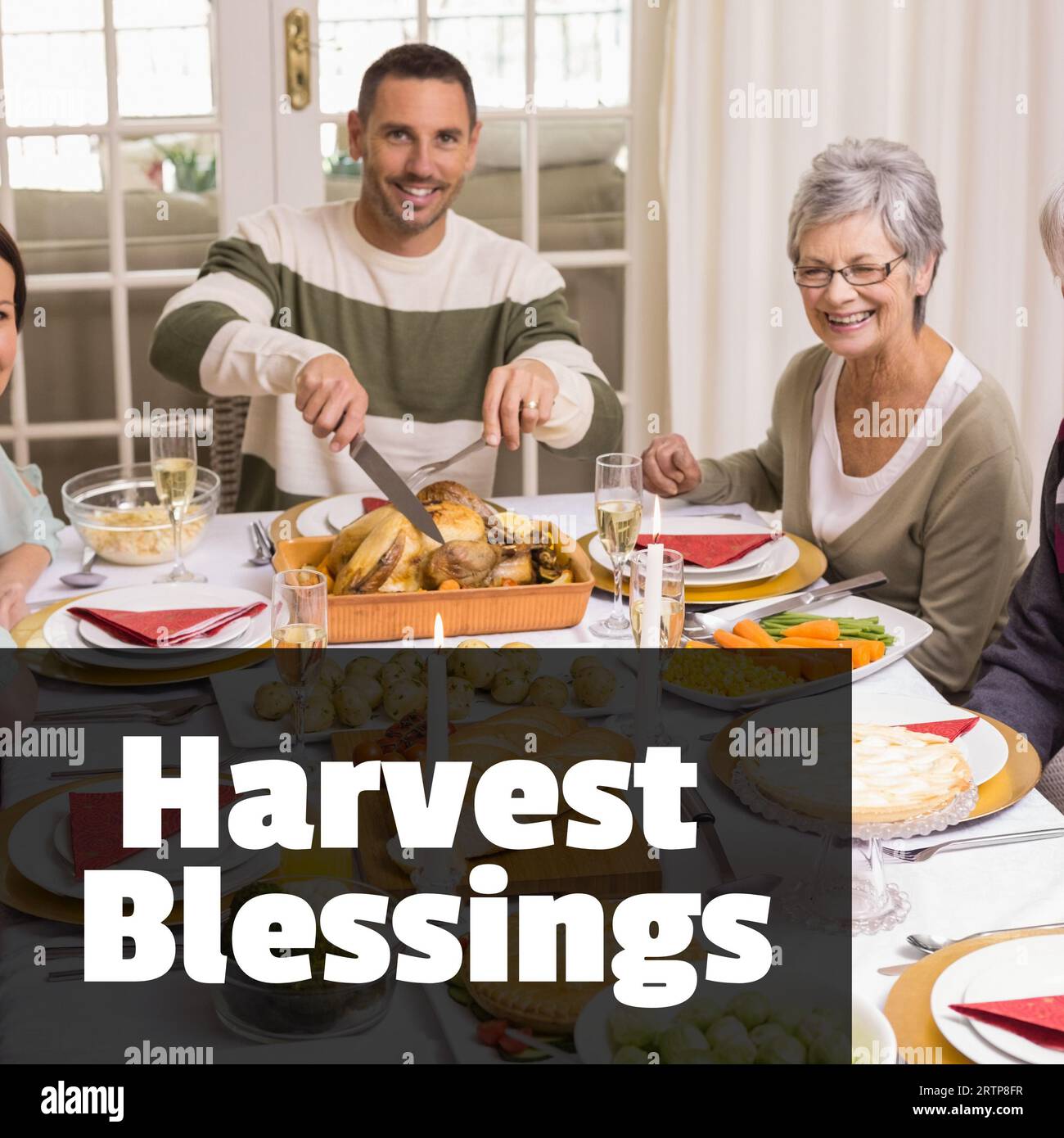 Harvest blessings text over happy caucasian family having thanksgiving ...