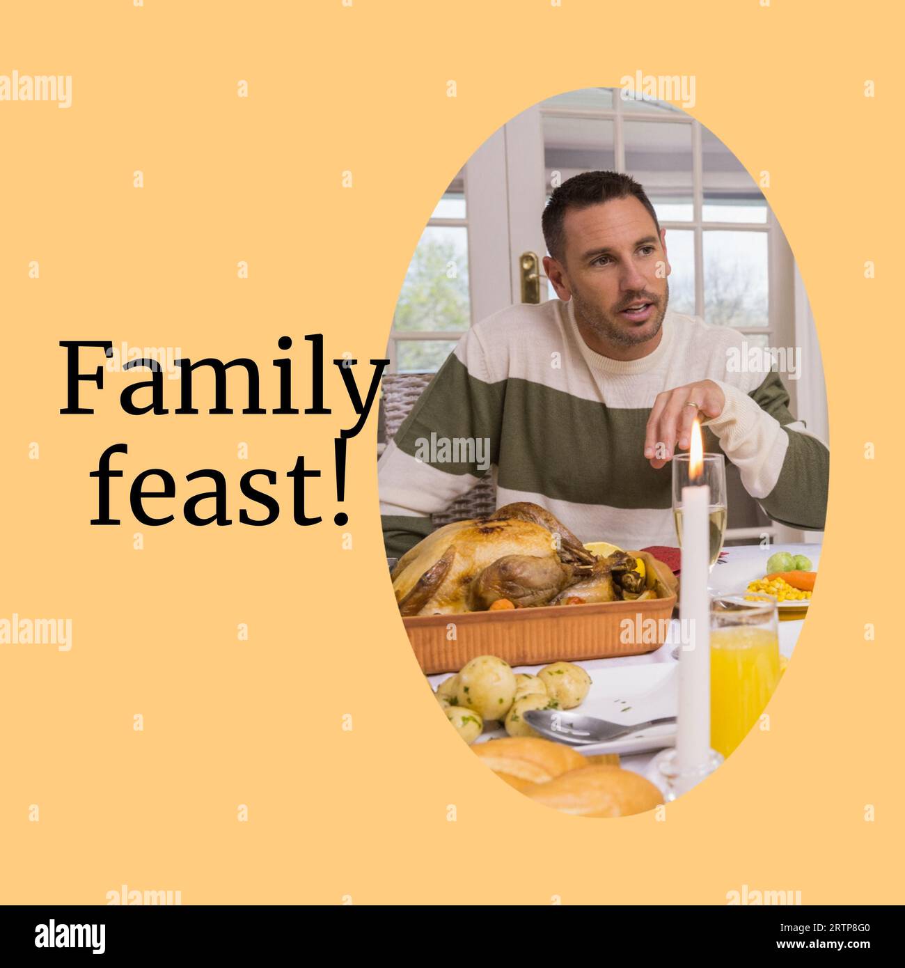 Family feast text with caucasian man sitting at thanksgiving dinner ...