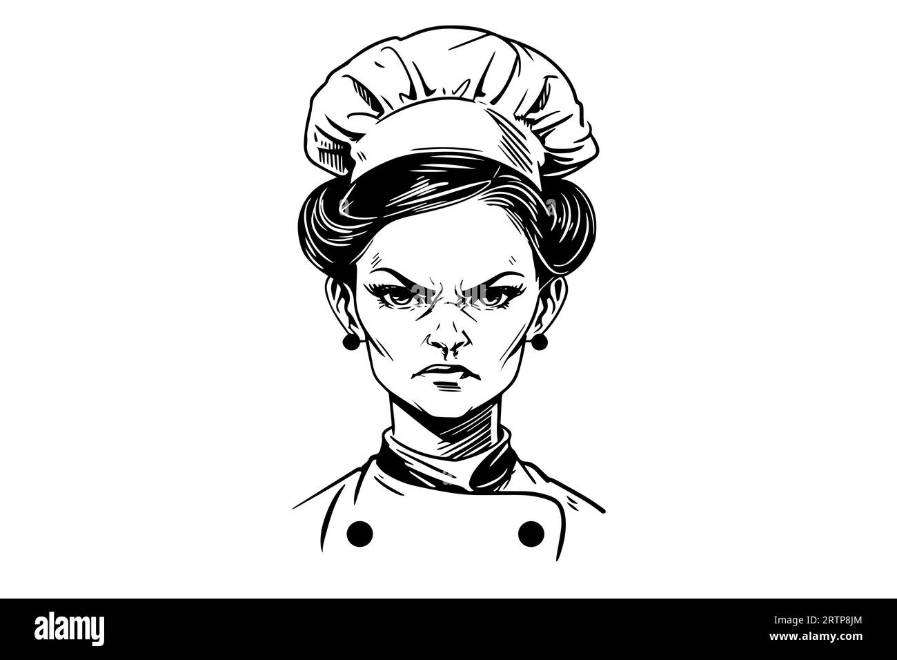 Angry woman chef ink sketch in engraving style. Drawing young female ...