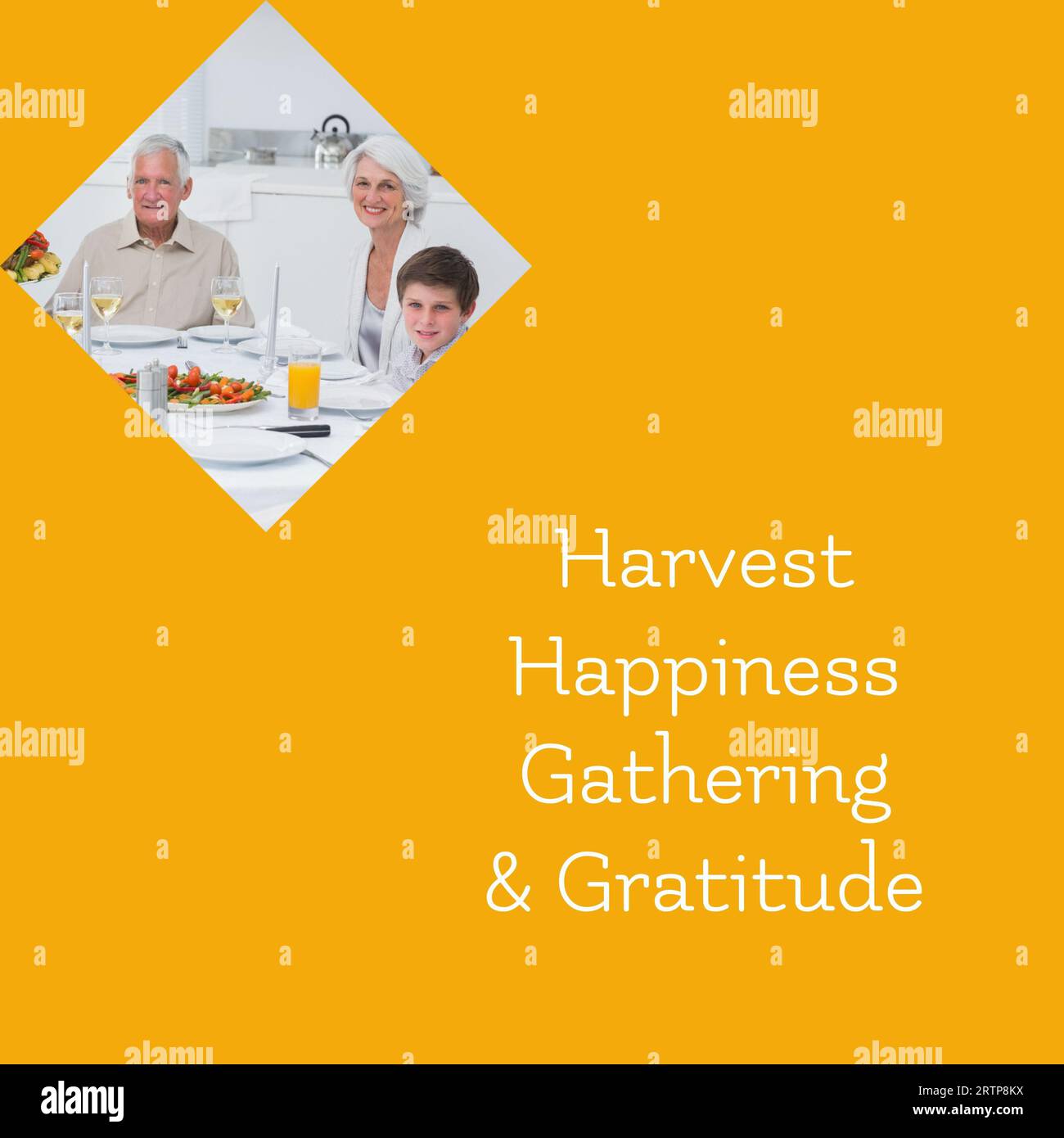 Harvest happiness gathering and gratitude text and caucasian family at ...