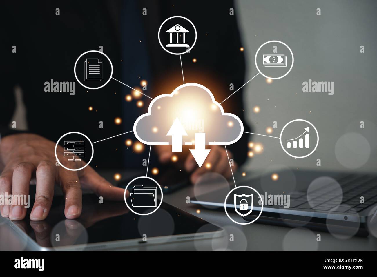 Virtual screen with cloud computing diagram displayed by a man Stock ...