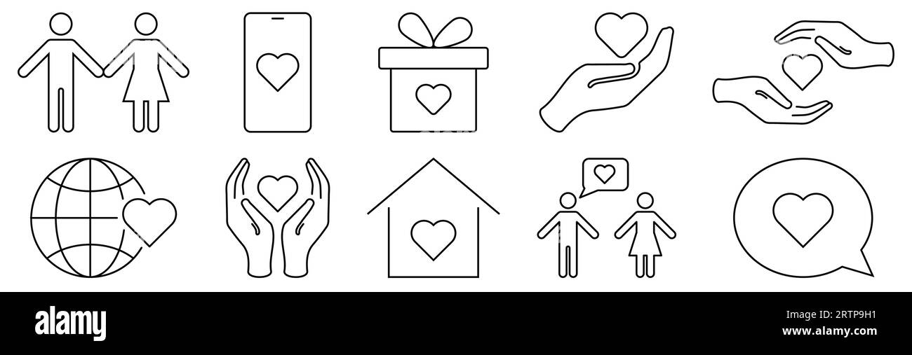 Friendship and love line icons. Charity community, partnership care ...