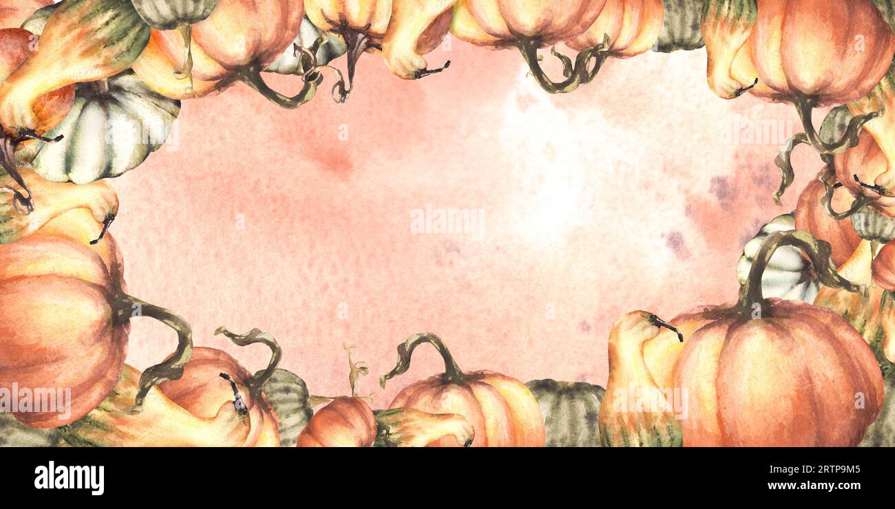 Fall pumpkins frame Autumn vegetables harvest. Isolated watercolor ...