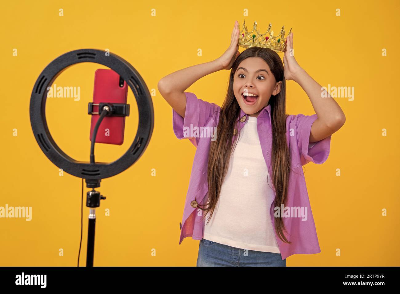 surprised teen girl influencer with crown on background. photo of teen ...