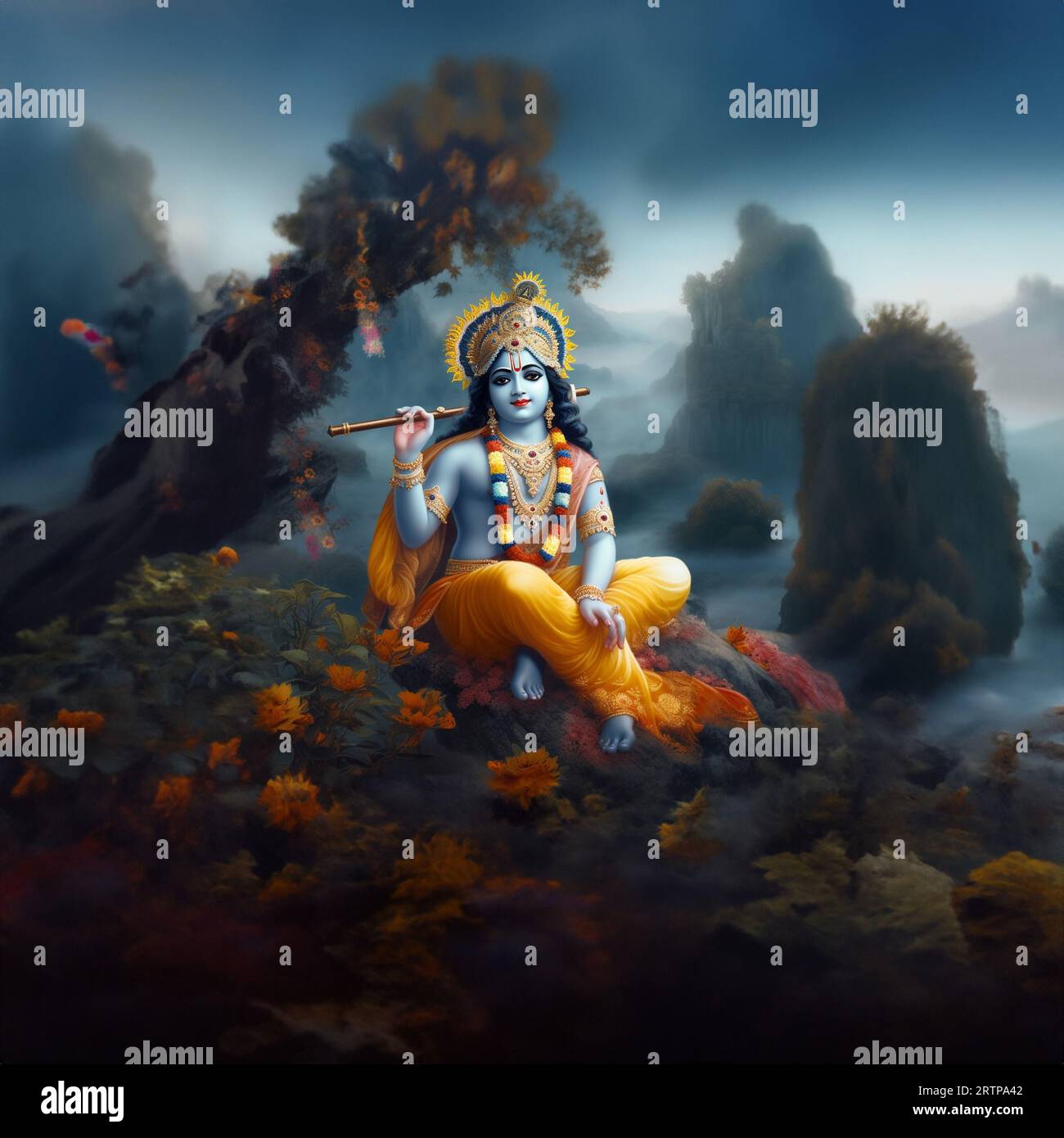 A beautiful Indian goddess, Krishna, is standing in a lush green field ...