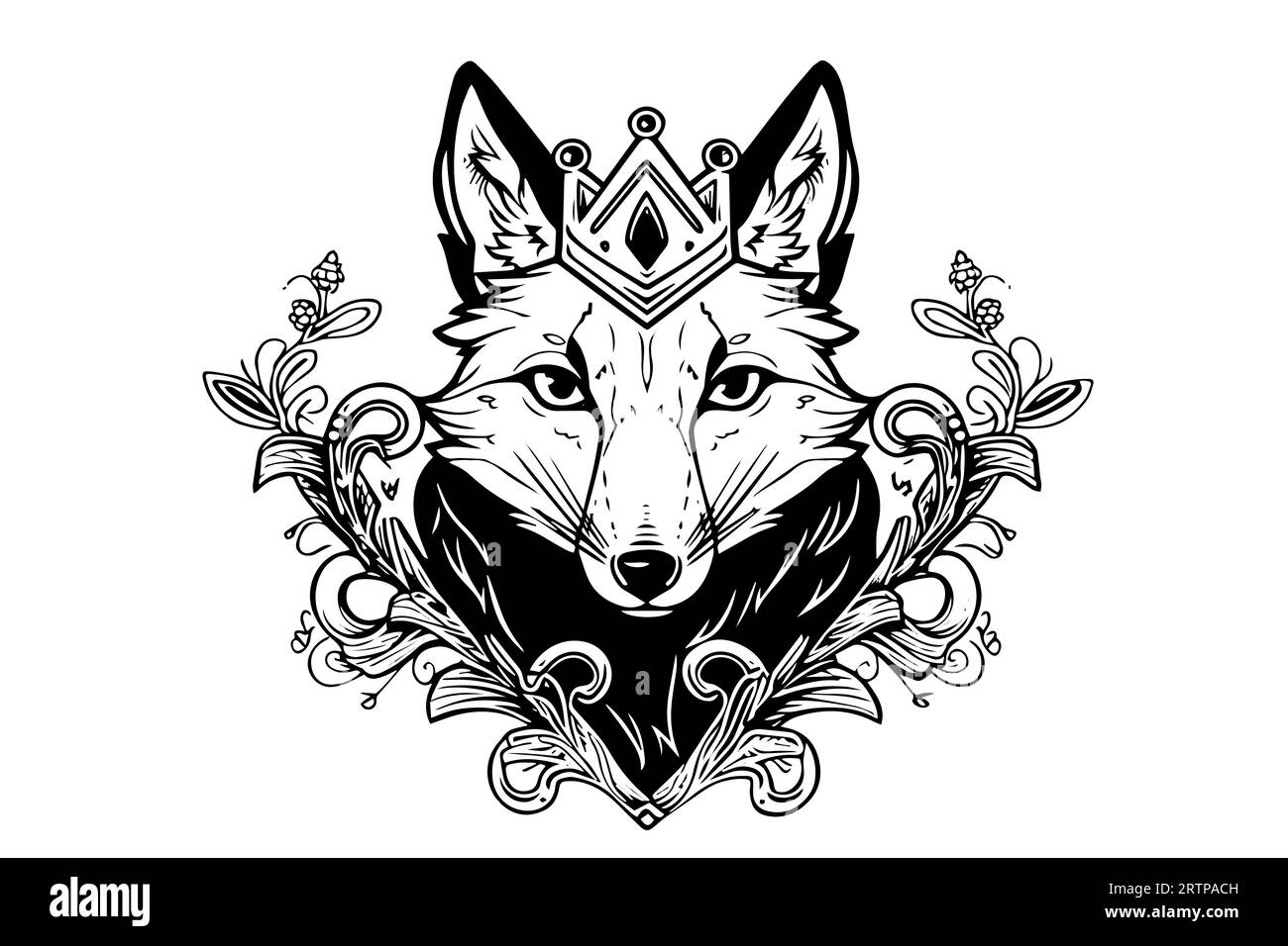 Fox head in crown framed with flowers hand drawn ink sketch. Engraving ...