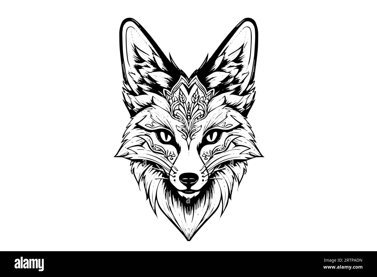 Fox head in crown framed with flowers hand drawn ink sketch. Engraving ...