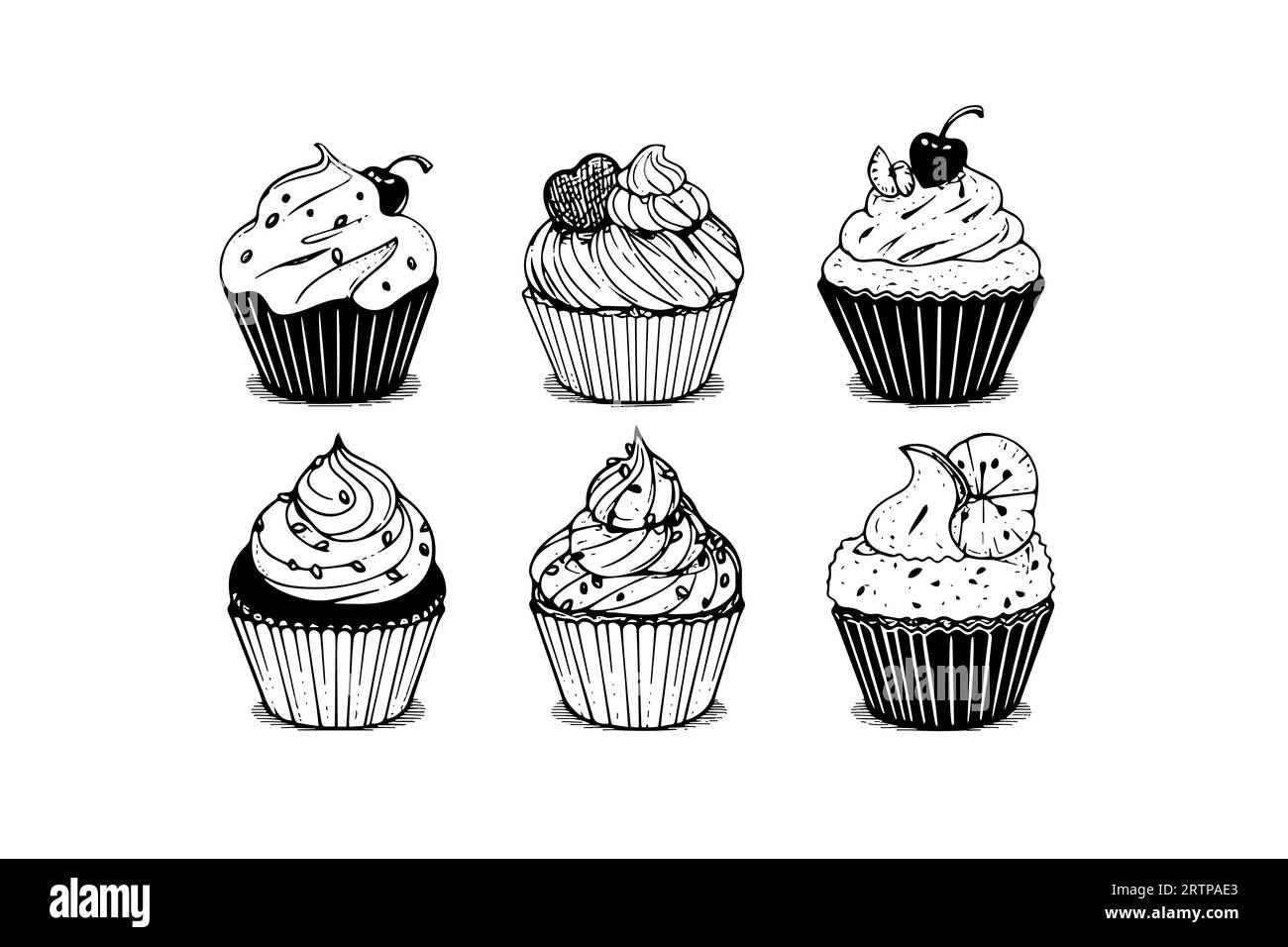 Set of cupcake in engraving style. Ink sketch isolated on white background. Hand drawn vector ...