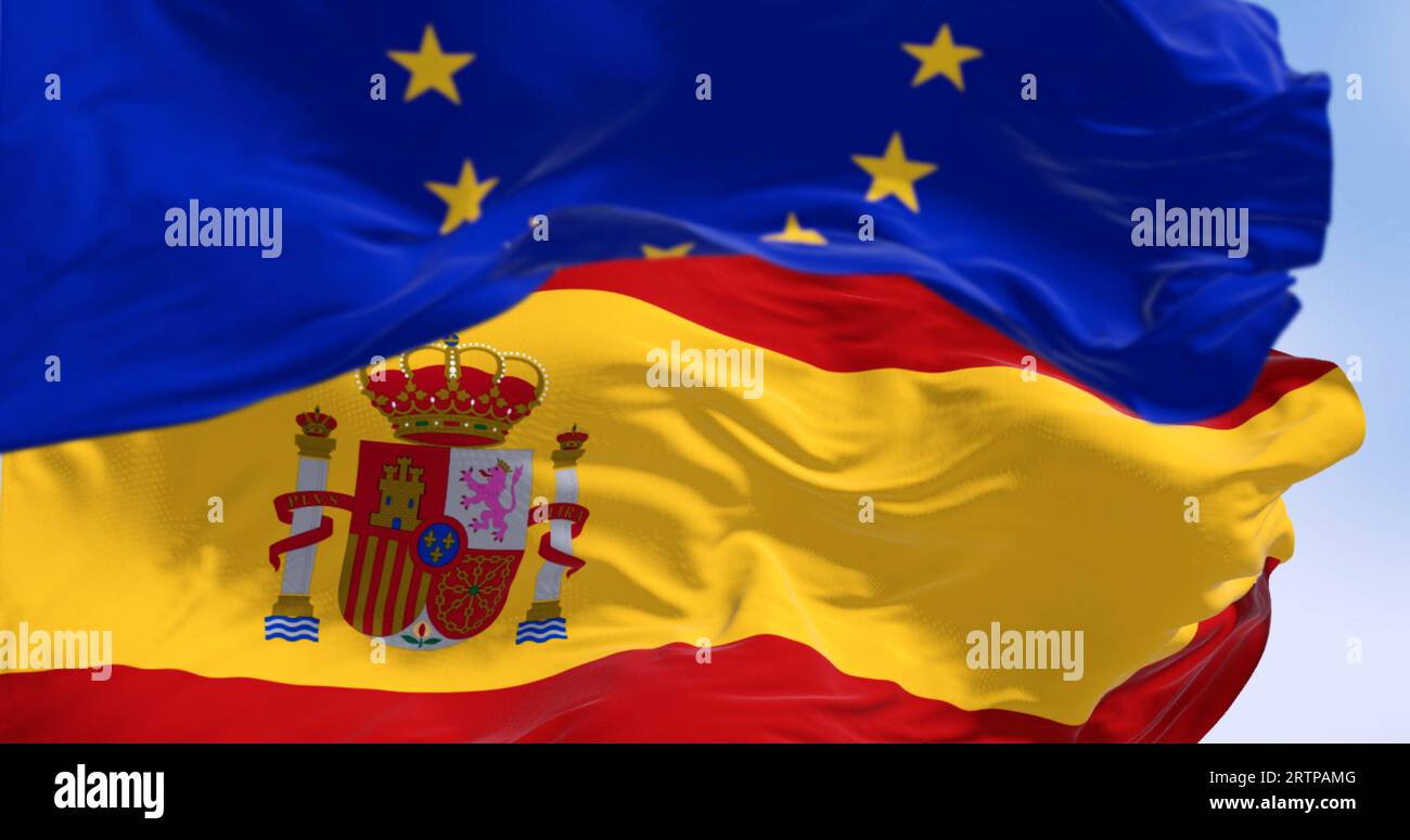 National flag of Spain waving with the European Union flag in the ...