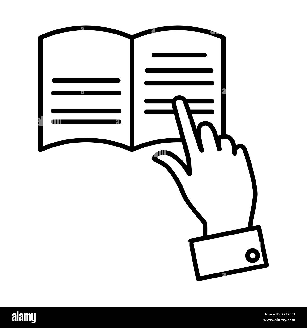 Hand follows index finger on text from brochure. Thin line Hand ...