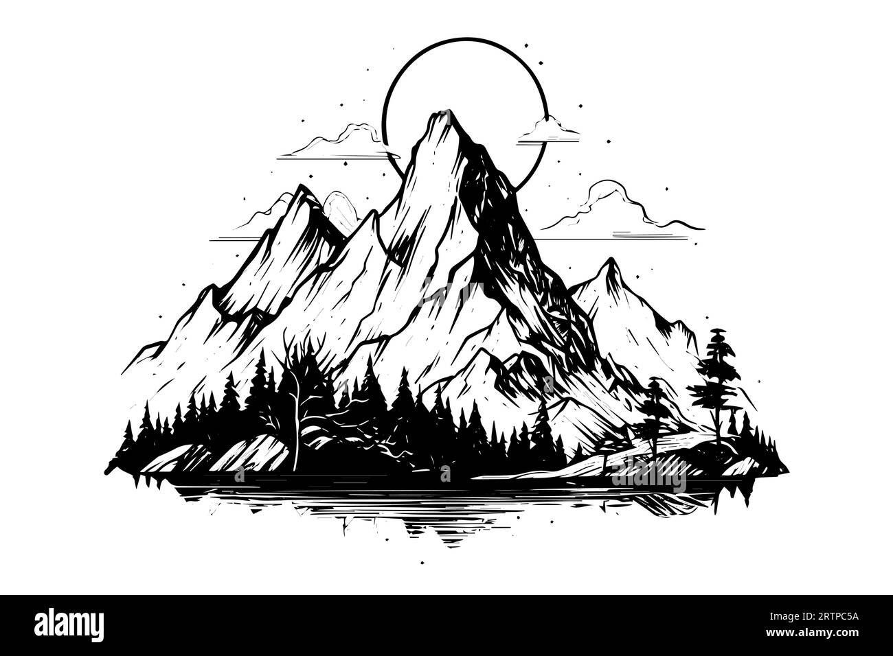 Hand drawn ink sketch of mountain with pine trees landscape. Engraved ...