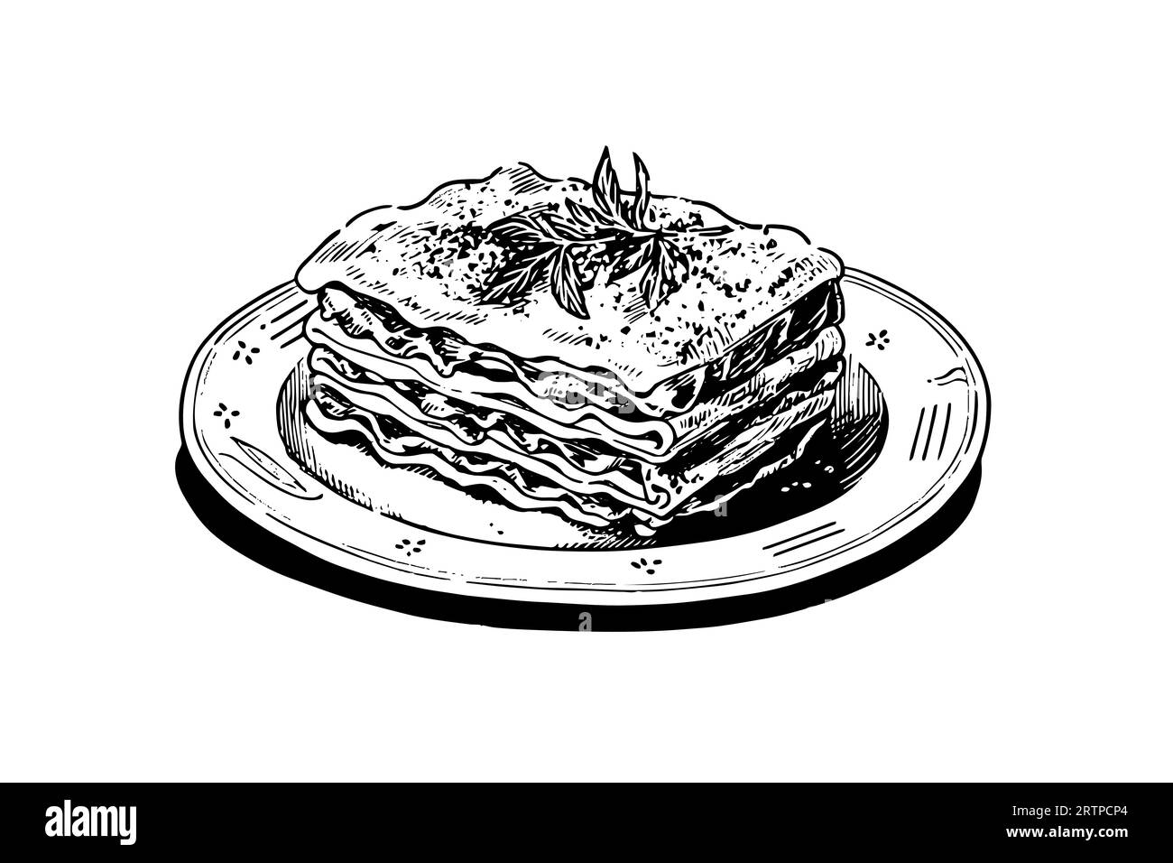 Italian pasta. Lasagna on a plate, fork with spaghetti Vector engraving ...