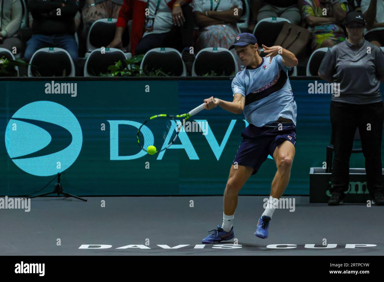 Bologna, Italy. 14th Sep, 2023. Leo Borg (SWE) hits the ball with his forehand during Davis Cup ...