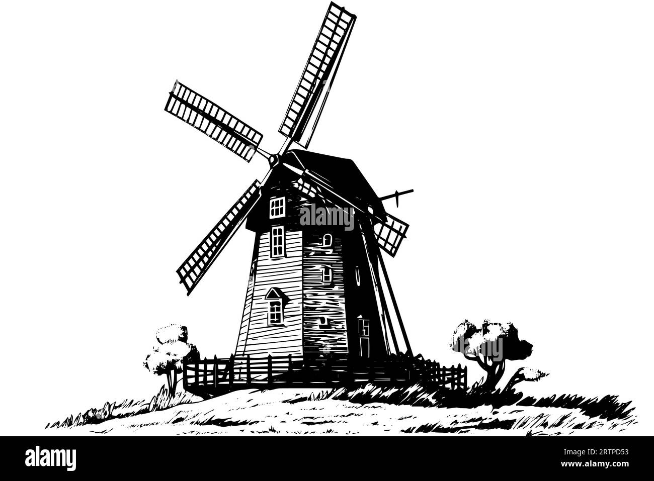 Windmil in the field hand drawn vintage sketch. Engraving style vector ...