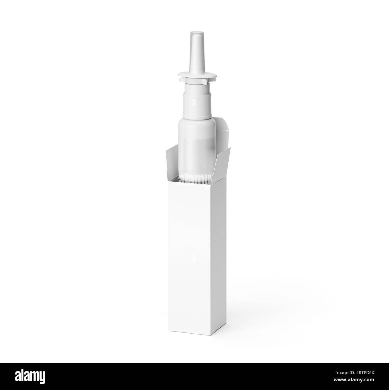 Closeup of opened blank drug box with pharmaceutical spray on white ...