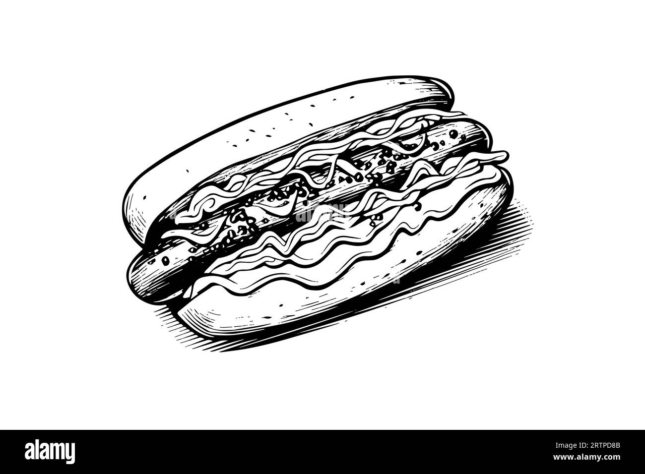Fast food hot dog with sausage and sauce engraving sketch vector ...