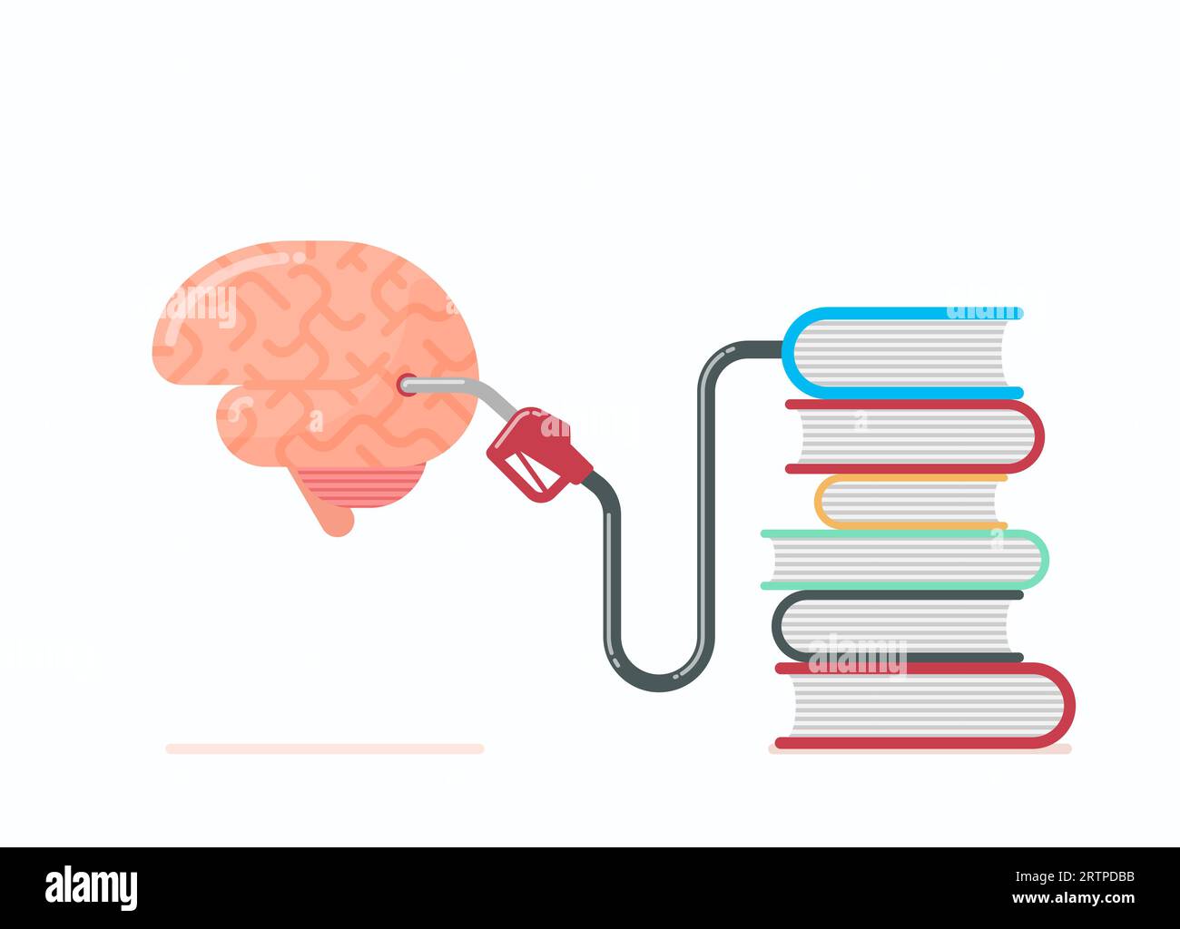 Vector illustration of brain filling-up with new knowledge from books. Education concept. Flat ...
