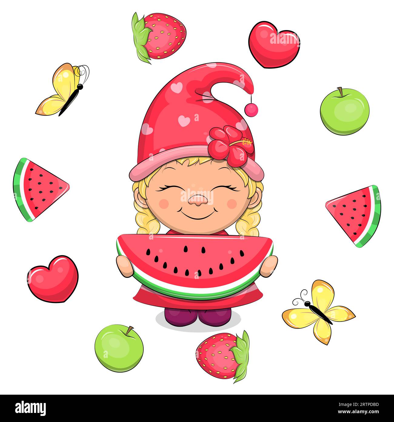 Cute cartoon girl gnome with red tropical flower stands in a fruit ...