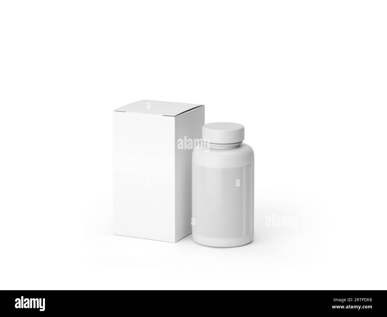 Closeup of blank drug box with pharmaceutical pill bottle isolated on ...