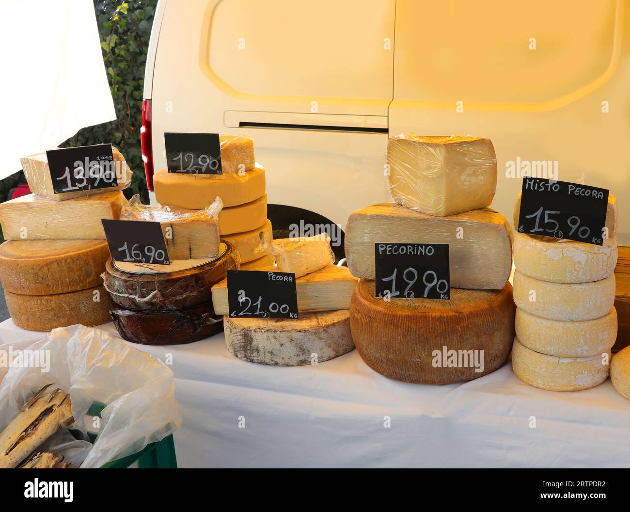 Italian seasoned cheese such as PECORINO DOP for sale at market Stock ...