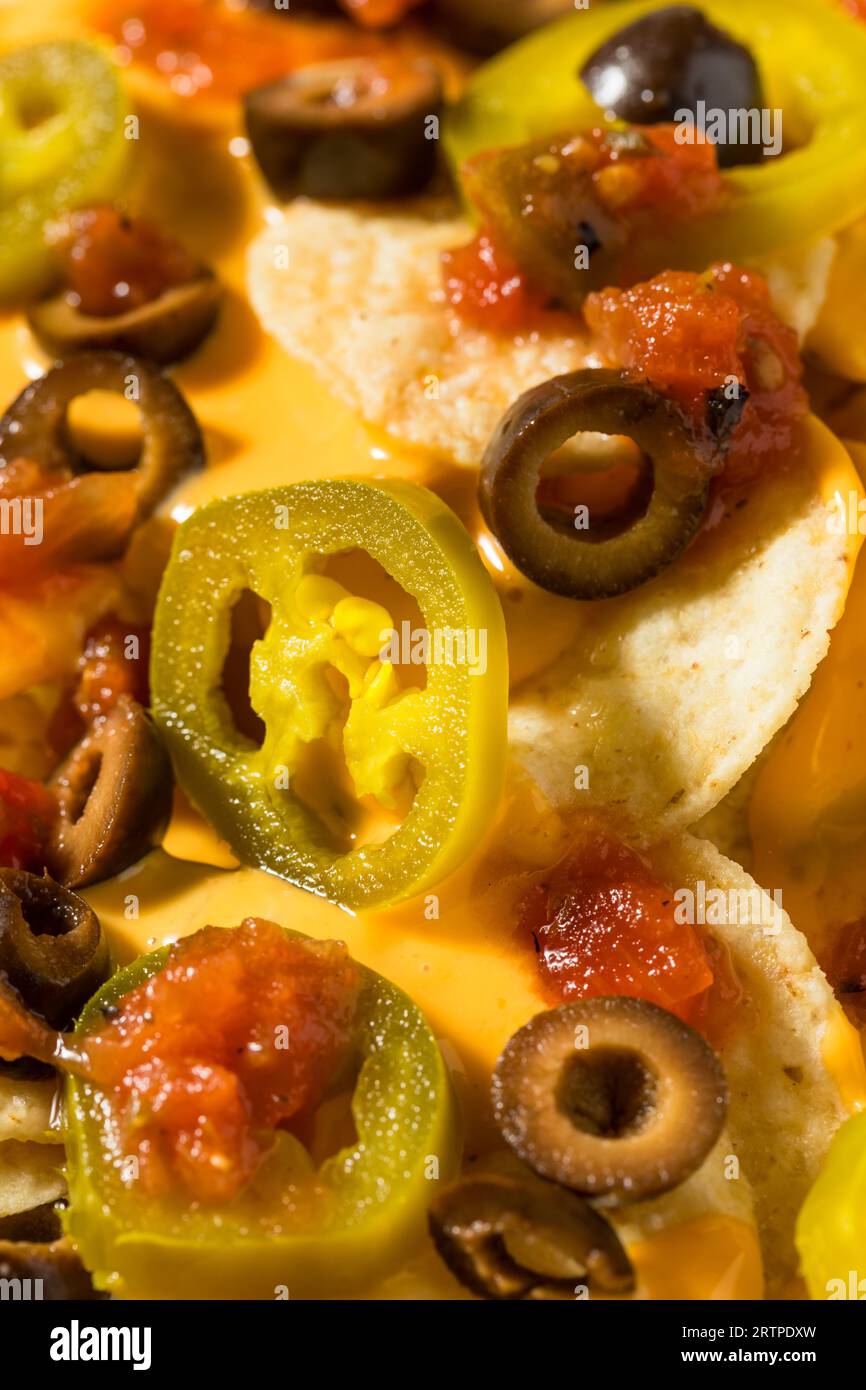 Homemade Basic Mexican Nachos with Cheese Jalapeno and Olives Stock ...