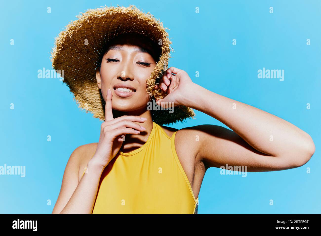 Hat woman lips beauty studio fashion portrait trendy summer yellow ...