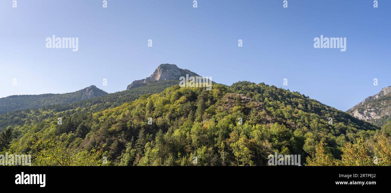 Scenic landscape panorama of the Pyrenees mountains above the village ...