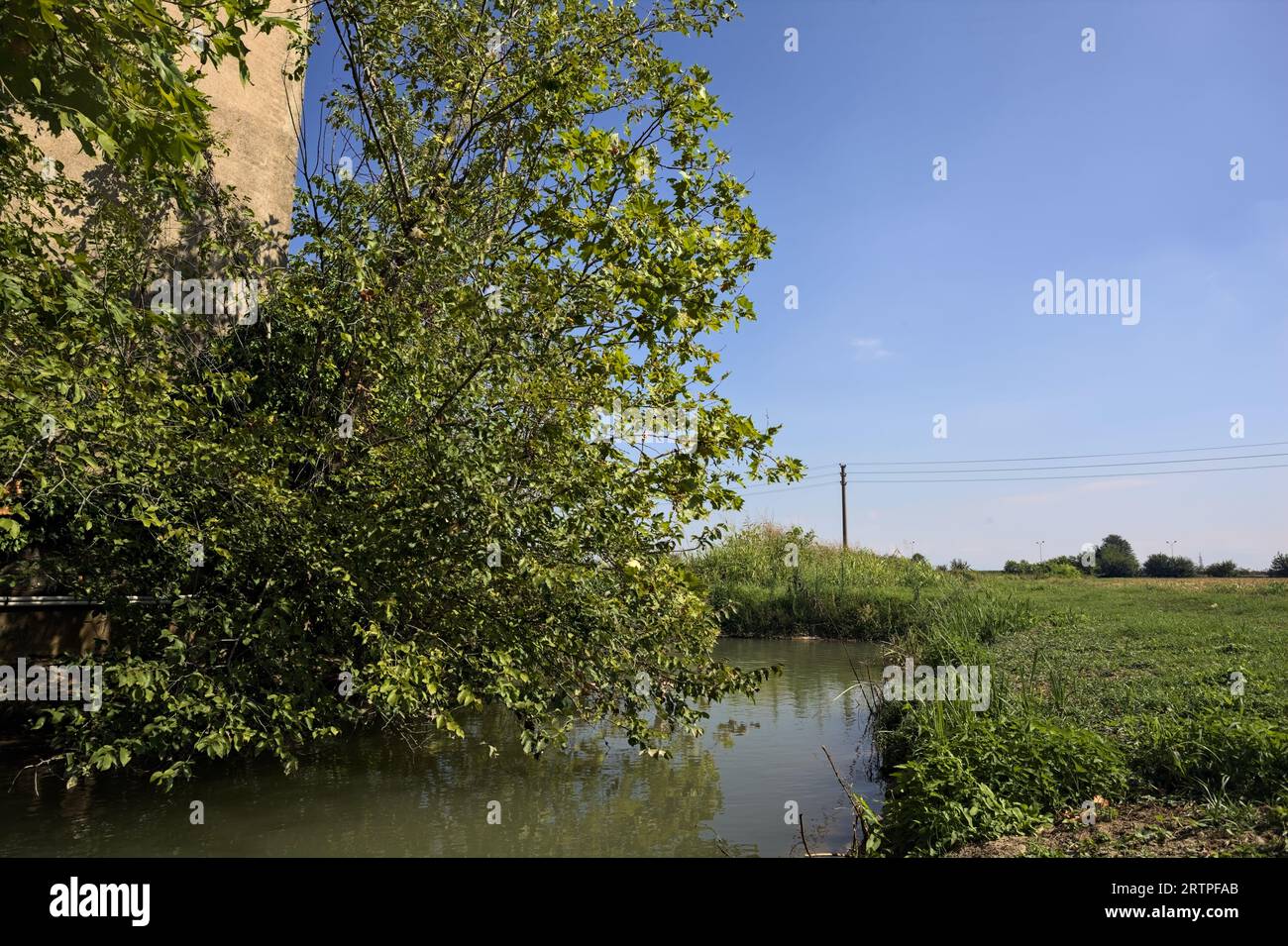 Trench full of water next to a mowed field bordered by trees on a sunny ...