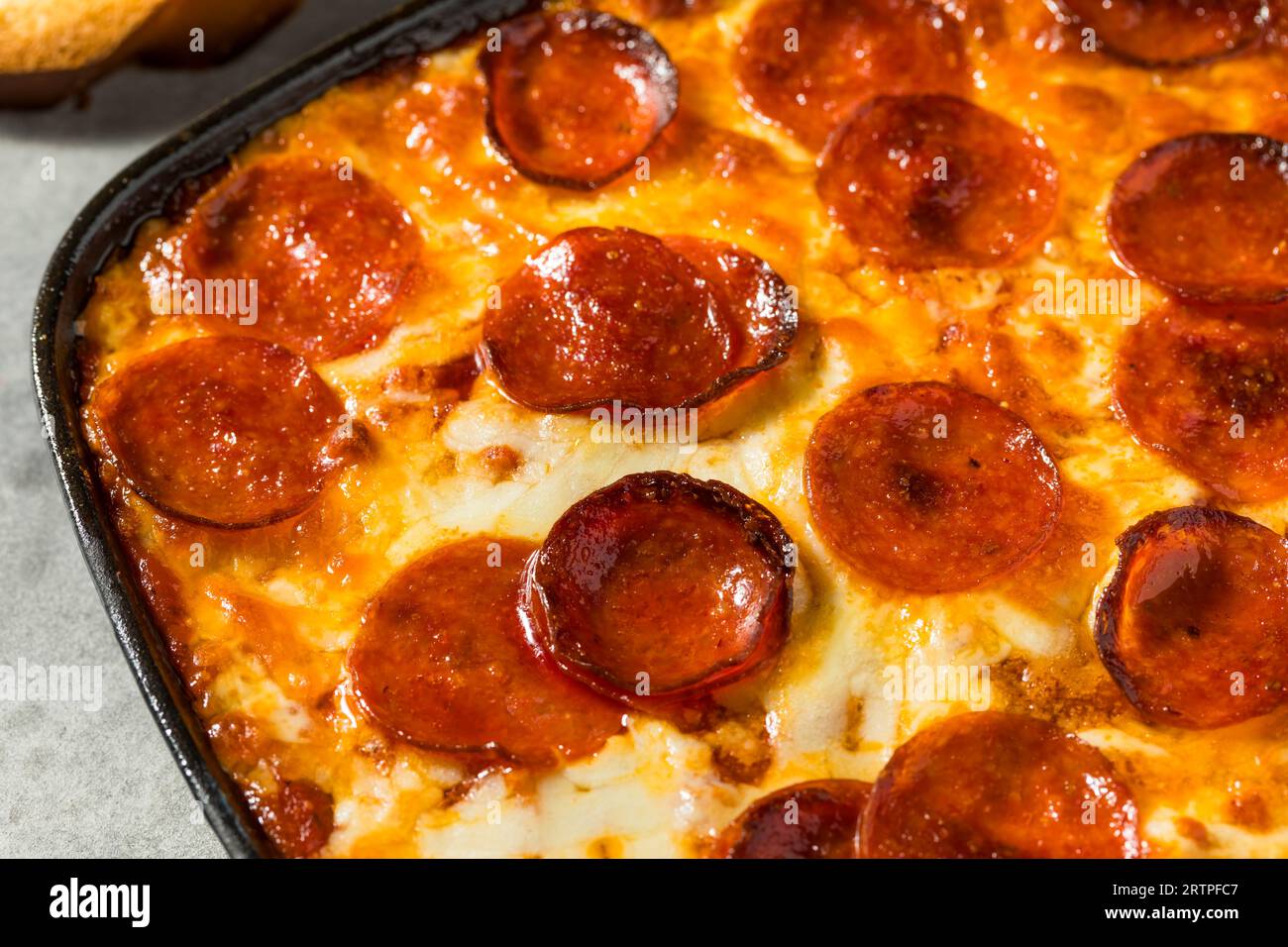 Homemade Pepperoni Pizza Appetizer Dip with Toasted Bread Stock Photo ...