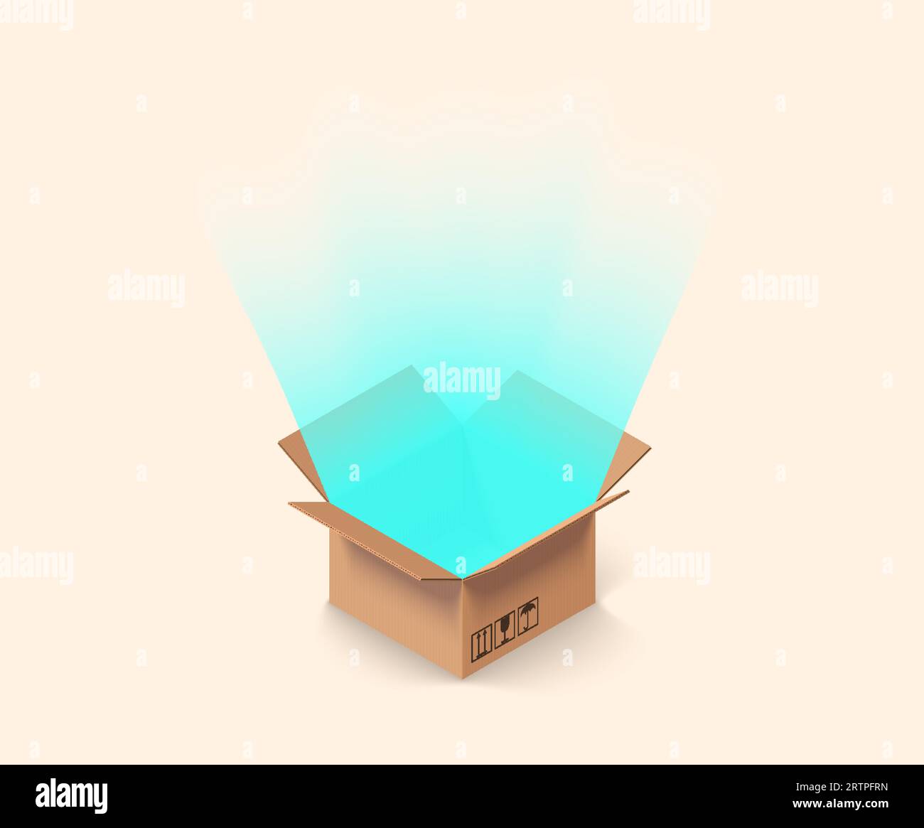 Cardboard prize box opening with bright light rays from its inside ...
