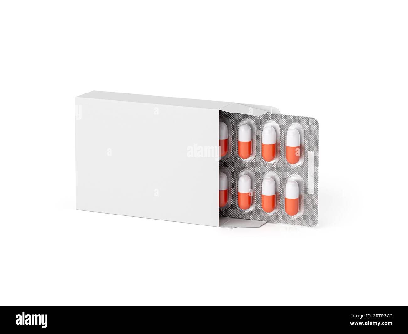 Closeup of opened blank drug box with pharmaceutical blister pack with ...