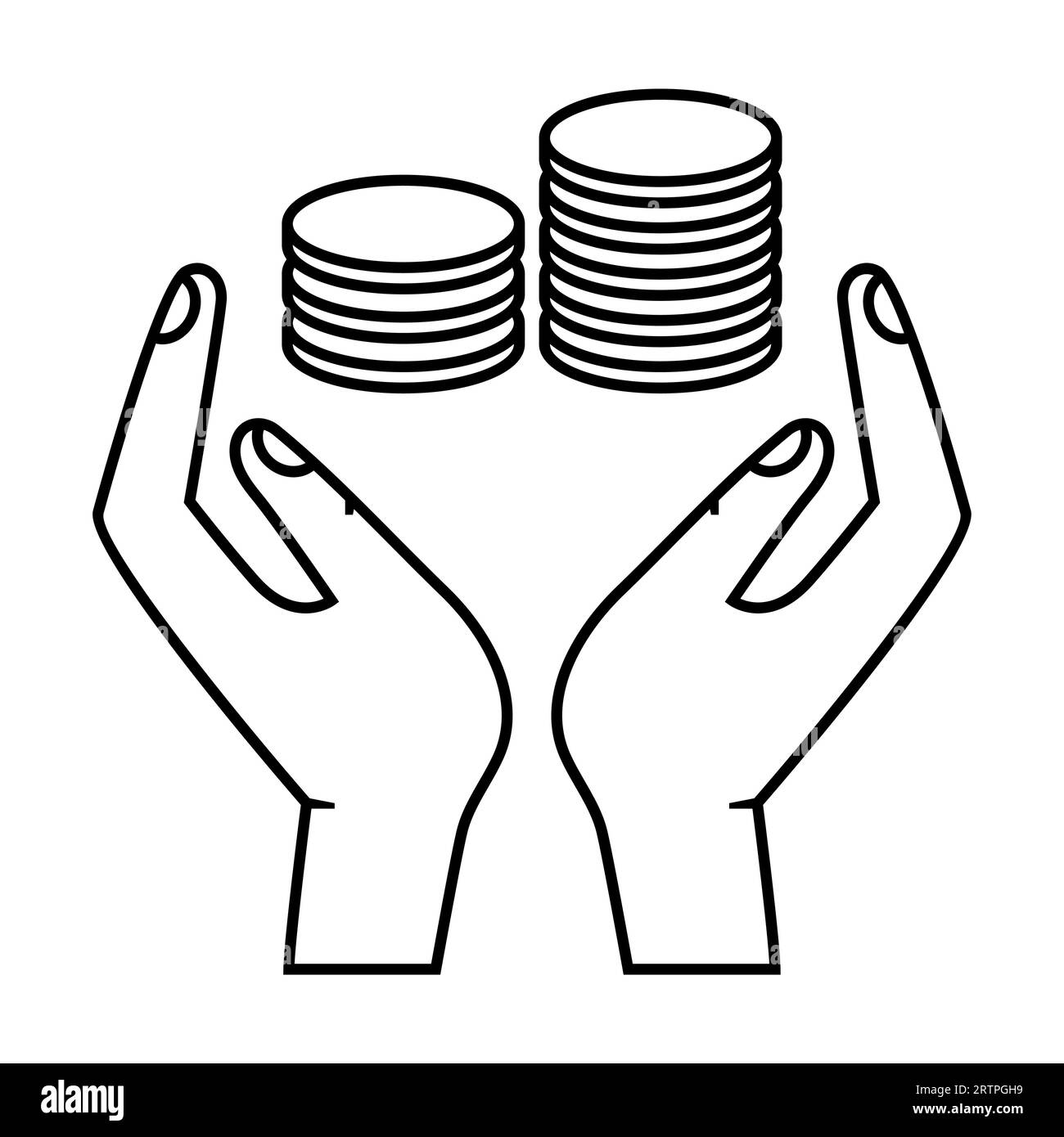 Simple outline of human hands with stacks of coins vector icon Stock ...