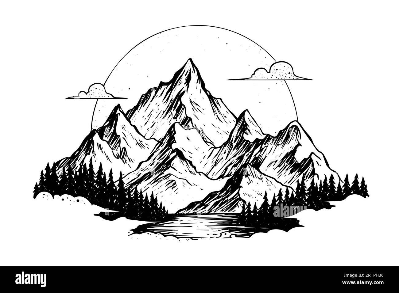 Hand drawn ink sketch of mountain with pine trees landscape. Engraved ...