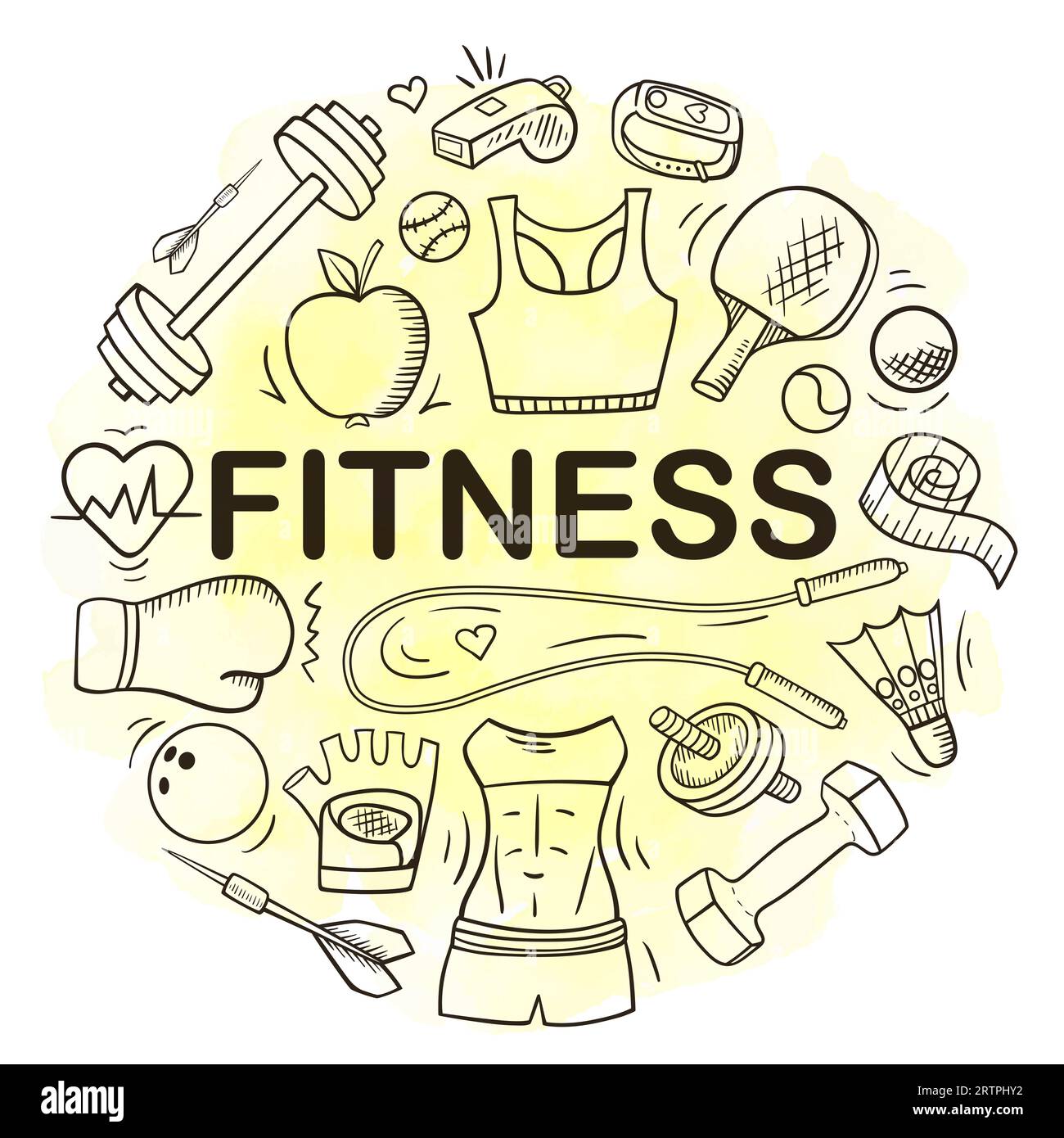 Hand drawn doodle fitness and sport round banner. Healthy lifestyle ...