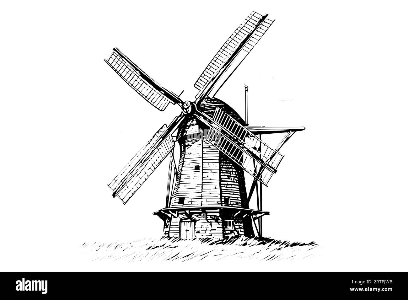 Windmil in the field hand drawn vintage sketch. Engraving style vector ...