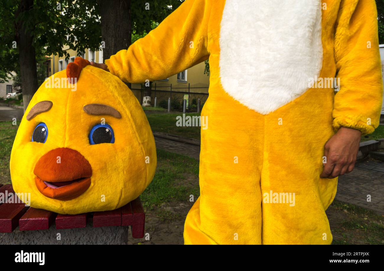 Brainless figure. The head from a suit of a rooster. The man in the ...