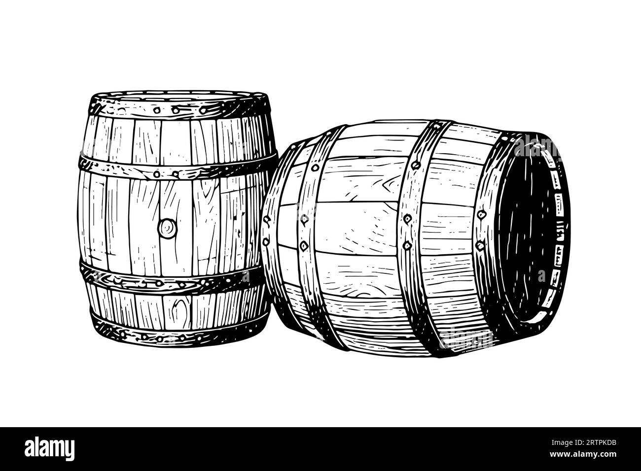 Oak wooden barrel hand drawn sketch engraving style vector illustration ...